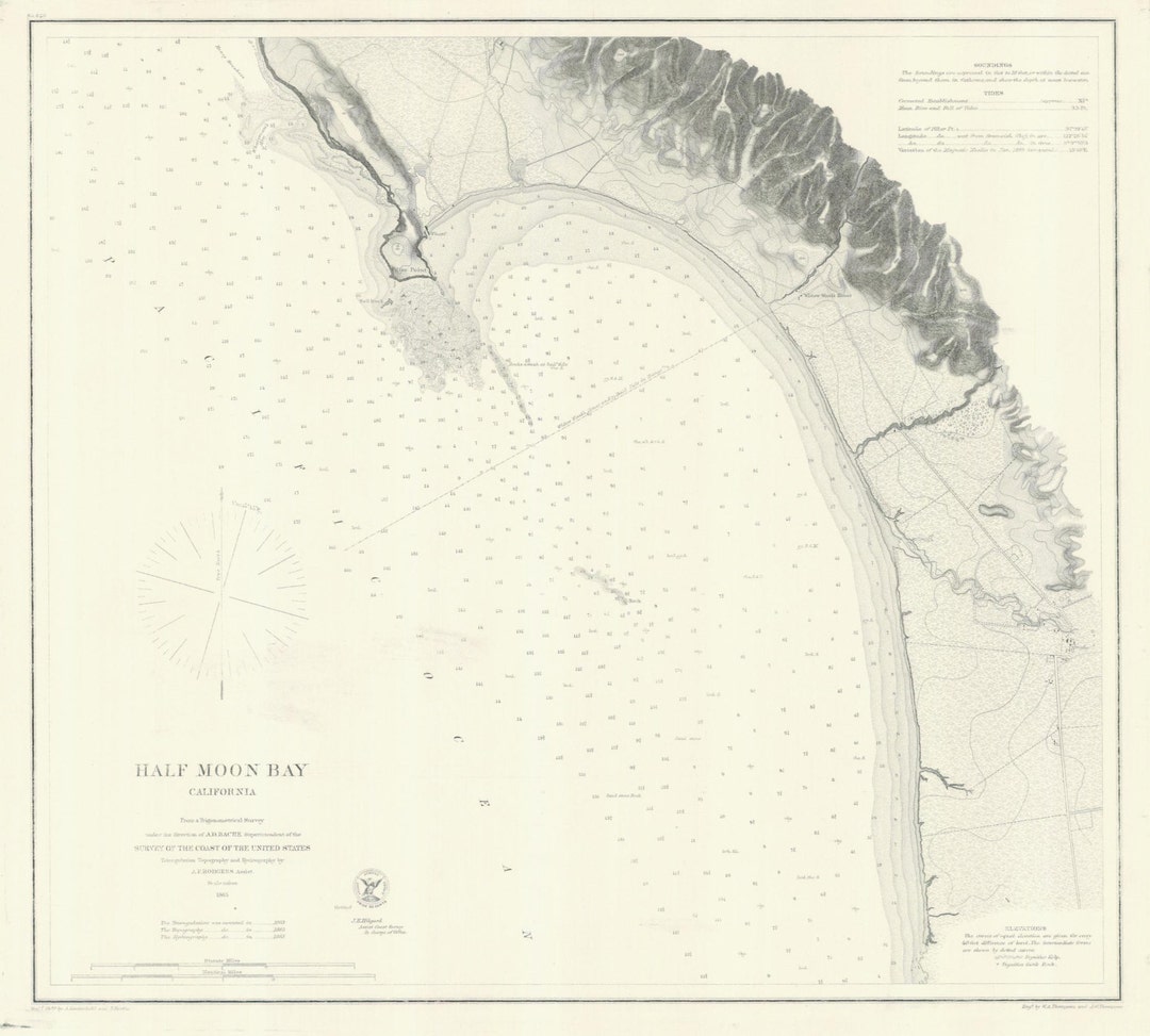 Half Moon Bay California Historical Map 1863 - Nautical Chart Print - Etsy
