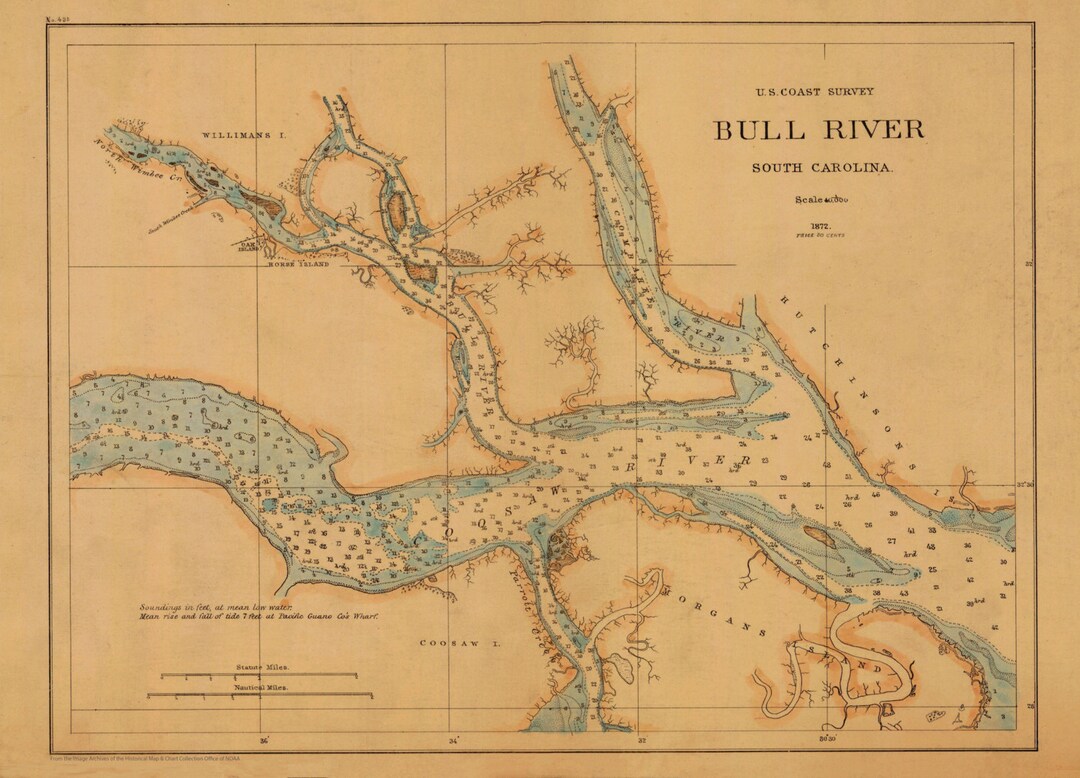 Bull River Map - South Carolina 1872 - Nautical Chart Print - Etsy