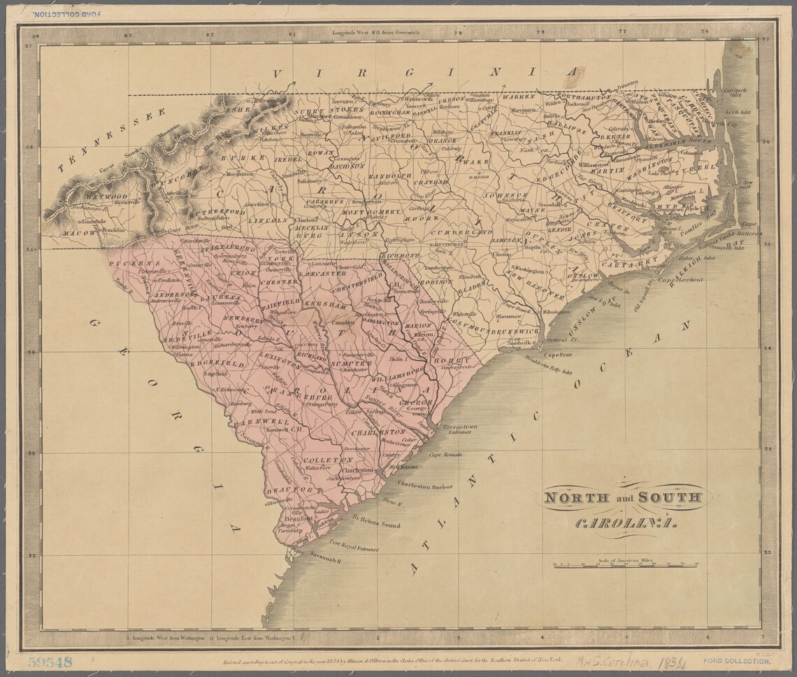 North Carolina & South Carolina Map Nautical Chart Print - Etsy