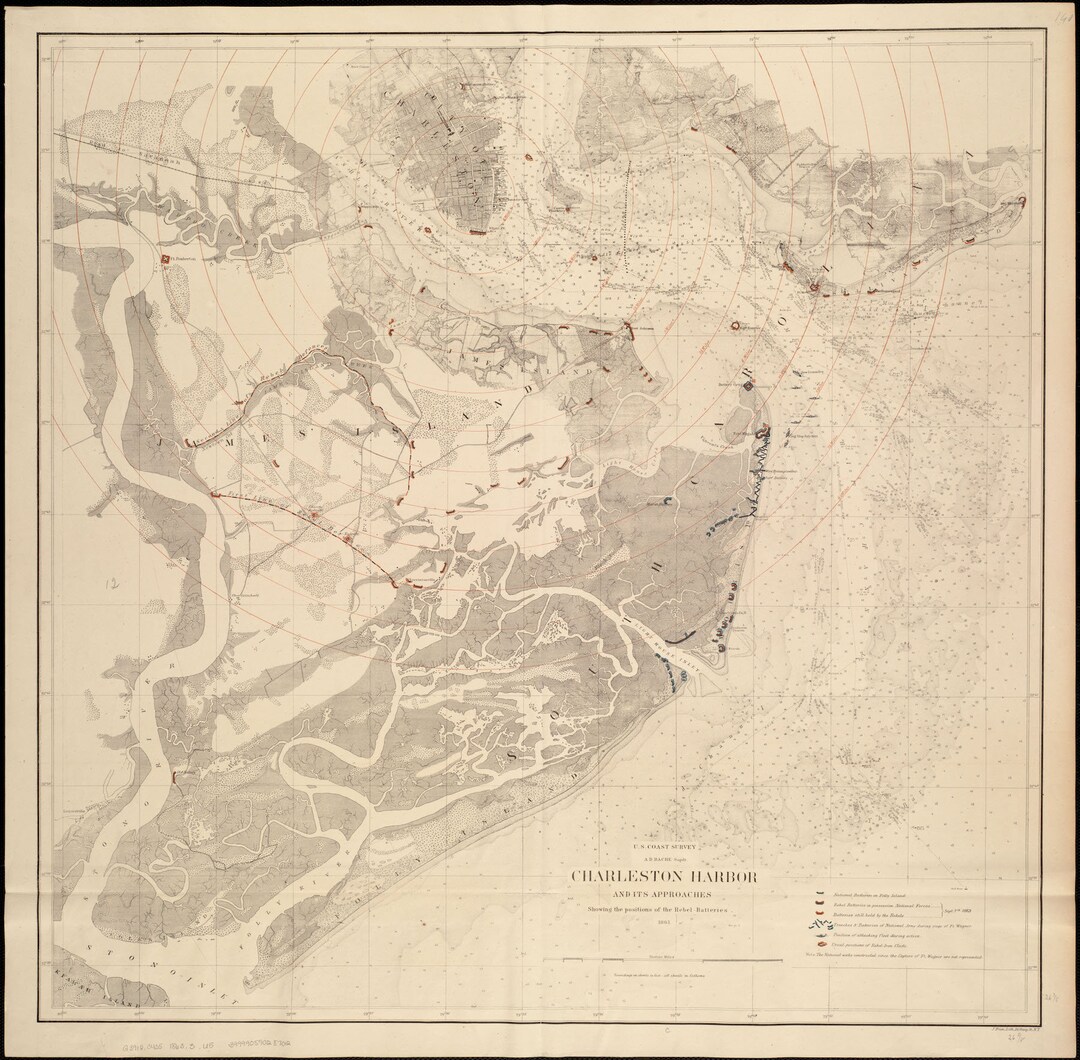 Charleston Harbor & Approaches Map 1863 - Positions of Rebel Batteries ... Charleston Harbor & Approaches Map 1863 - Positions of Rebel Batteries ...