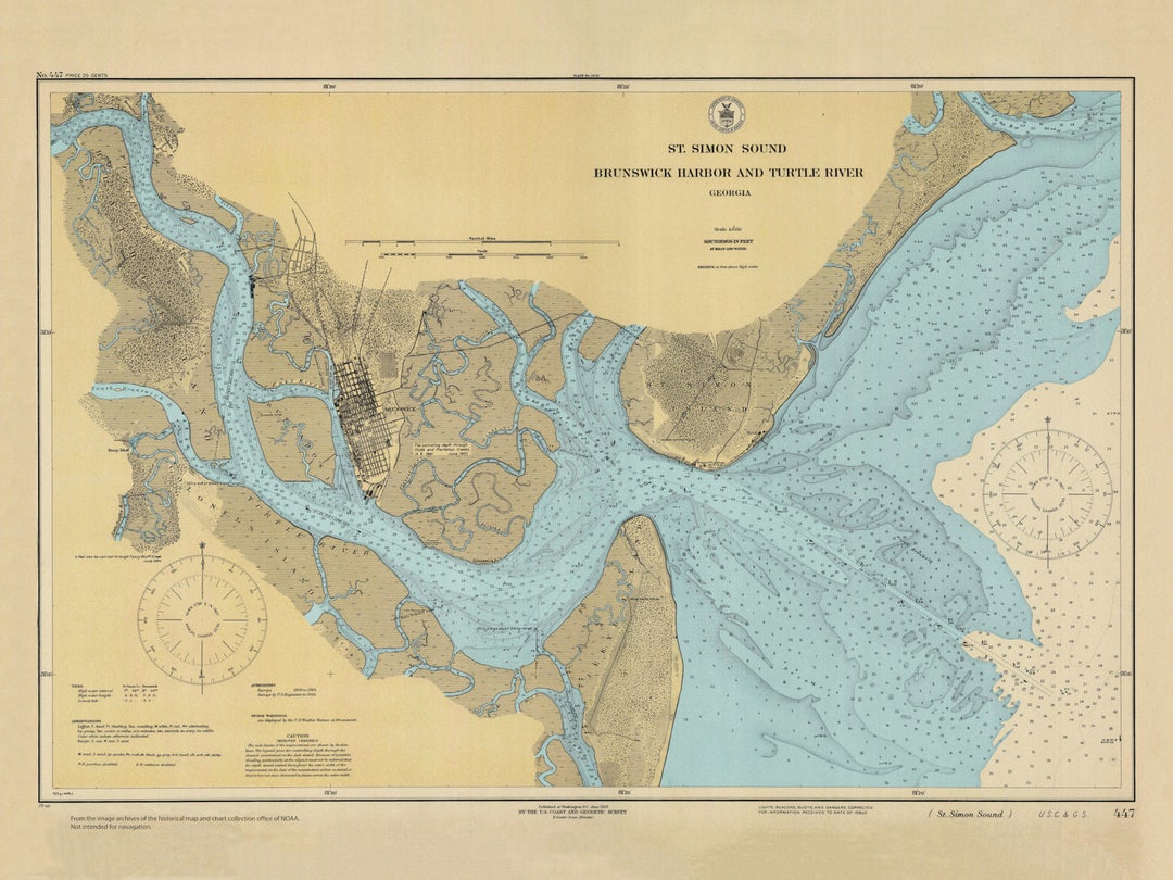 St. Simons Sound Georgia Map 1925 (blue) - Nautical Chart Print - Etsy