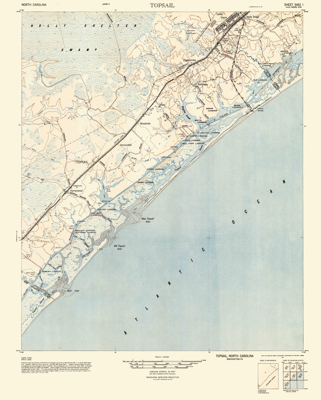 Topsail, North Carolina Map - 1948 - Etsy