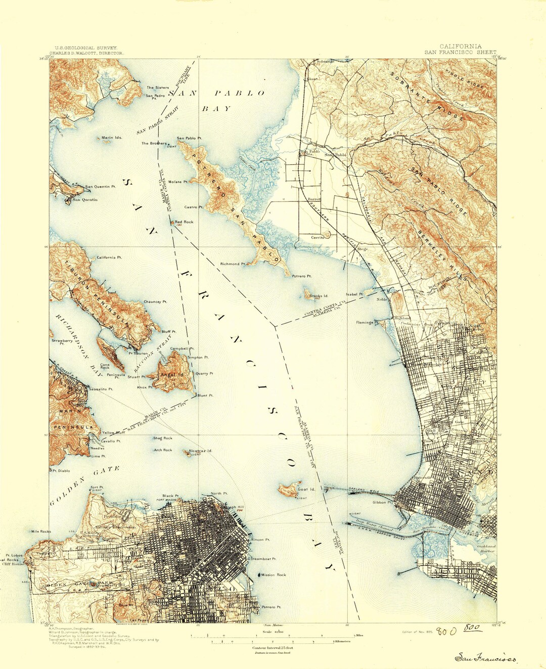 San Francisco Topographic Map - 1895 - Nautical Chart Print - Etsy