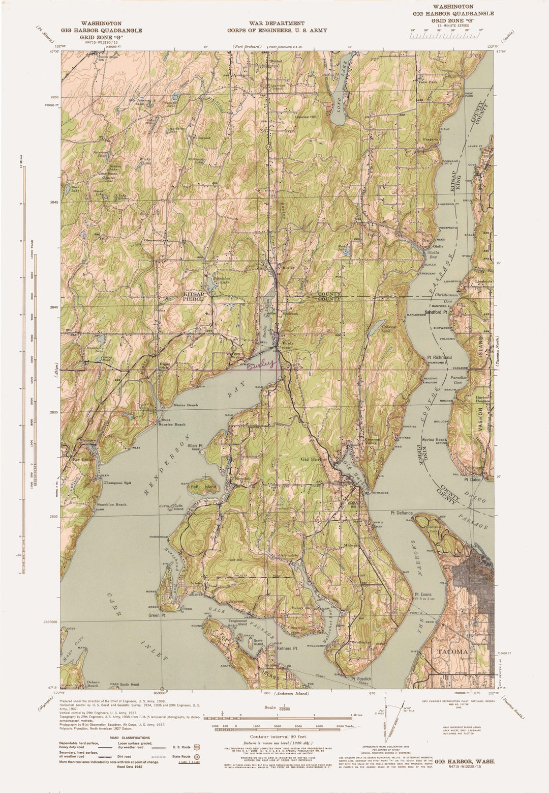 Gig Harbor Topographic Map 1943 - Nautical Chart Print - Etsy
