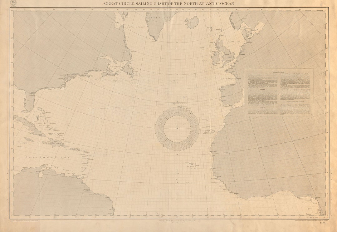 Great Circle Sailing Chart - North Atlantic Ocean Map 1888 - Etsy