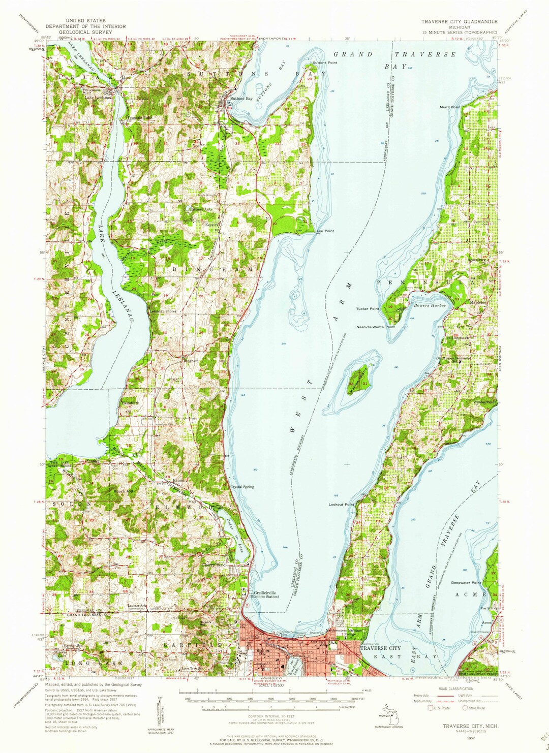 Traverse City Topographic Map 1957 - Nautical Chart Print - Etsy