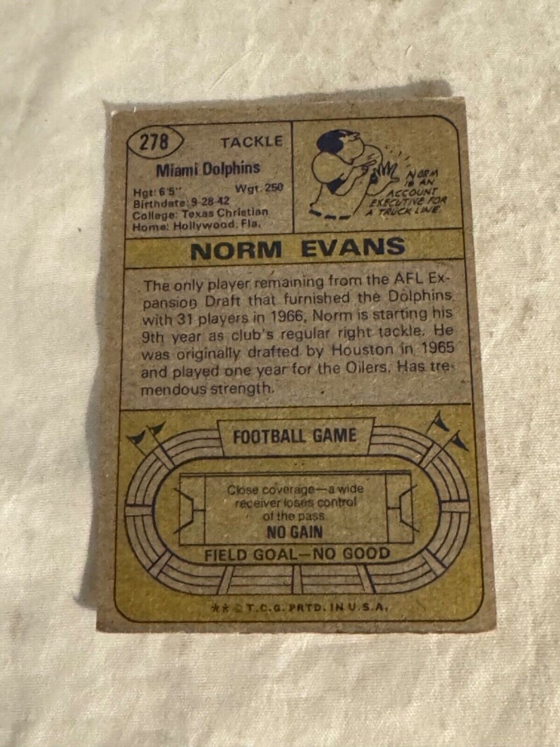 1974 Vintage Norm Evans Miami Dolphins Topps #278 Football Trading Card ...