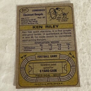 1974 Vintage Cincinnati Bengals Ken Riley Topps #511 Football Trading ...