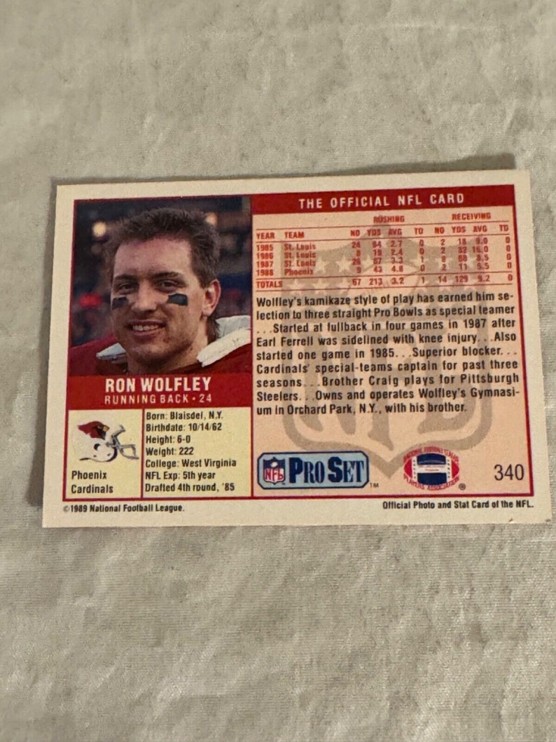 1989 Pro Set Ron Wolfley Phoenix Cardinals NFL Football #340 Trading ...