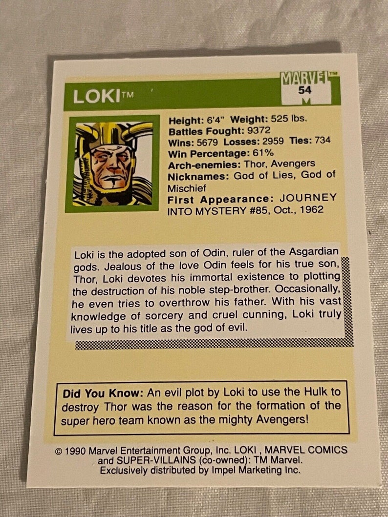 1990 Marvel Universe Loki Super-villains #54 Trading Card - Etsy
