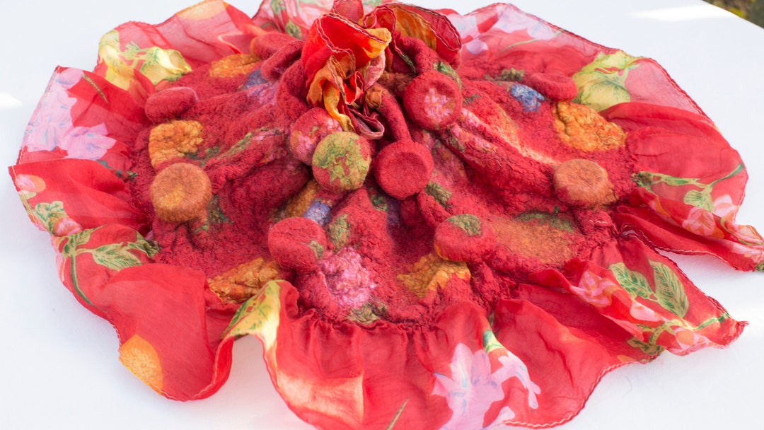 Nunofelt Scarf, Red Felted Collar, Neck Scarf, Felt Necklaces, Snud ...