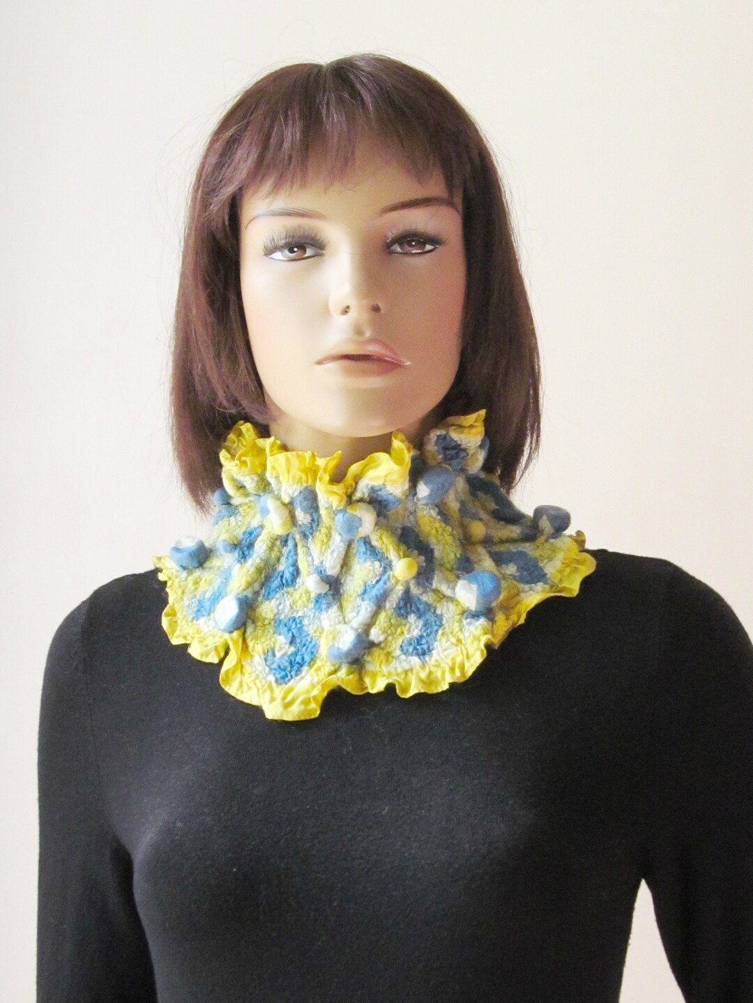 Yellow Blue Scarf, Felted Collar, Felt Necklace Soft Neck Scarf, Boho ...