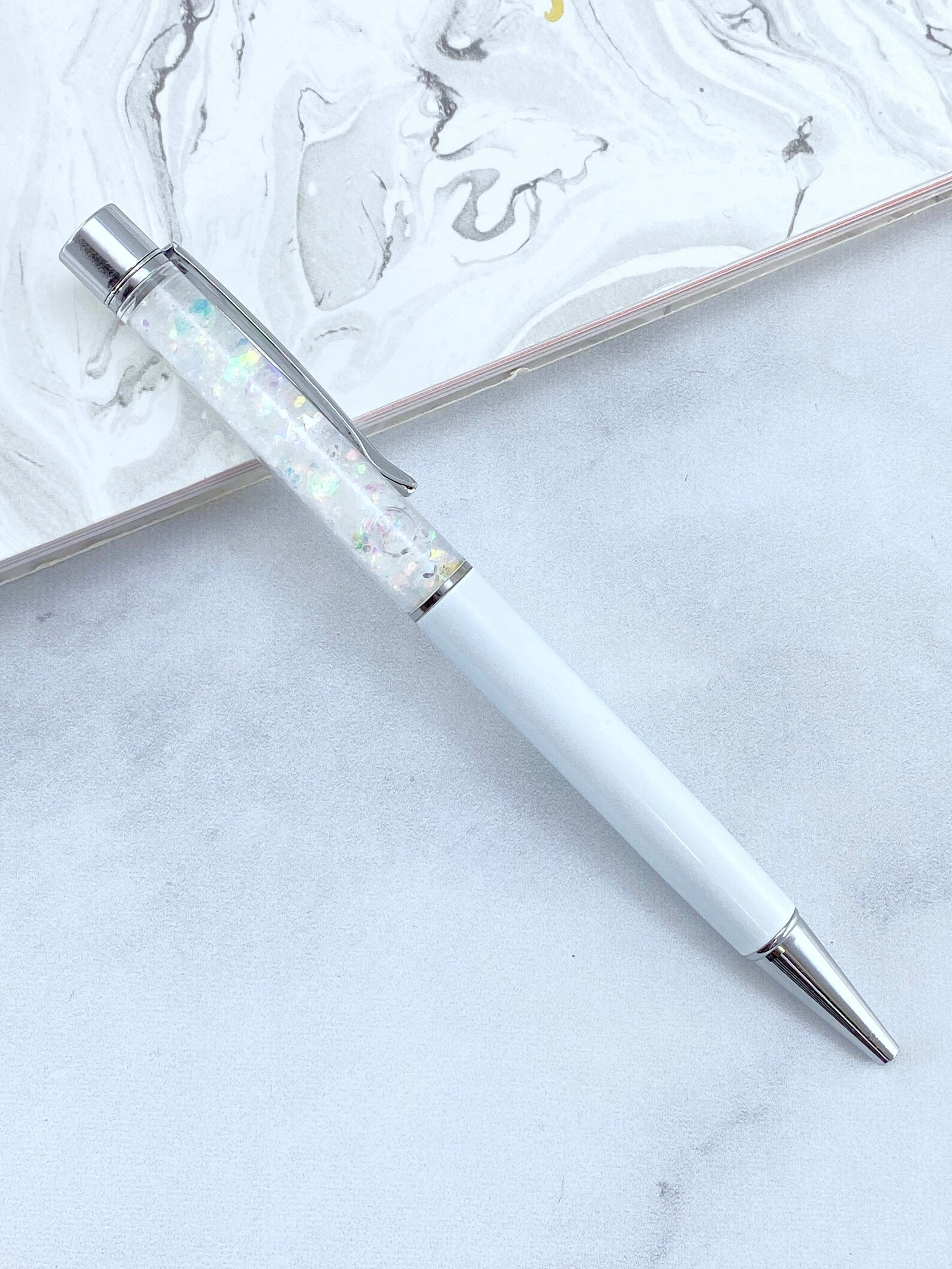 White Ballpoint Pen With Floating Glitter and Silver Hardware - Etsy