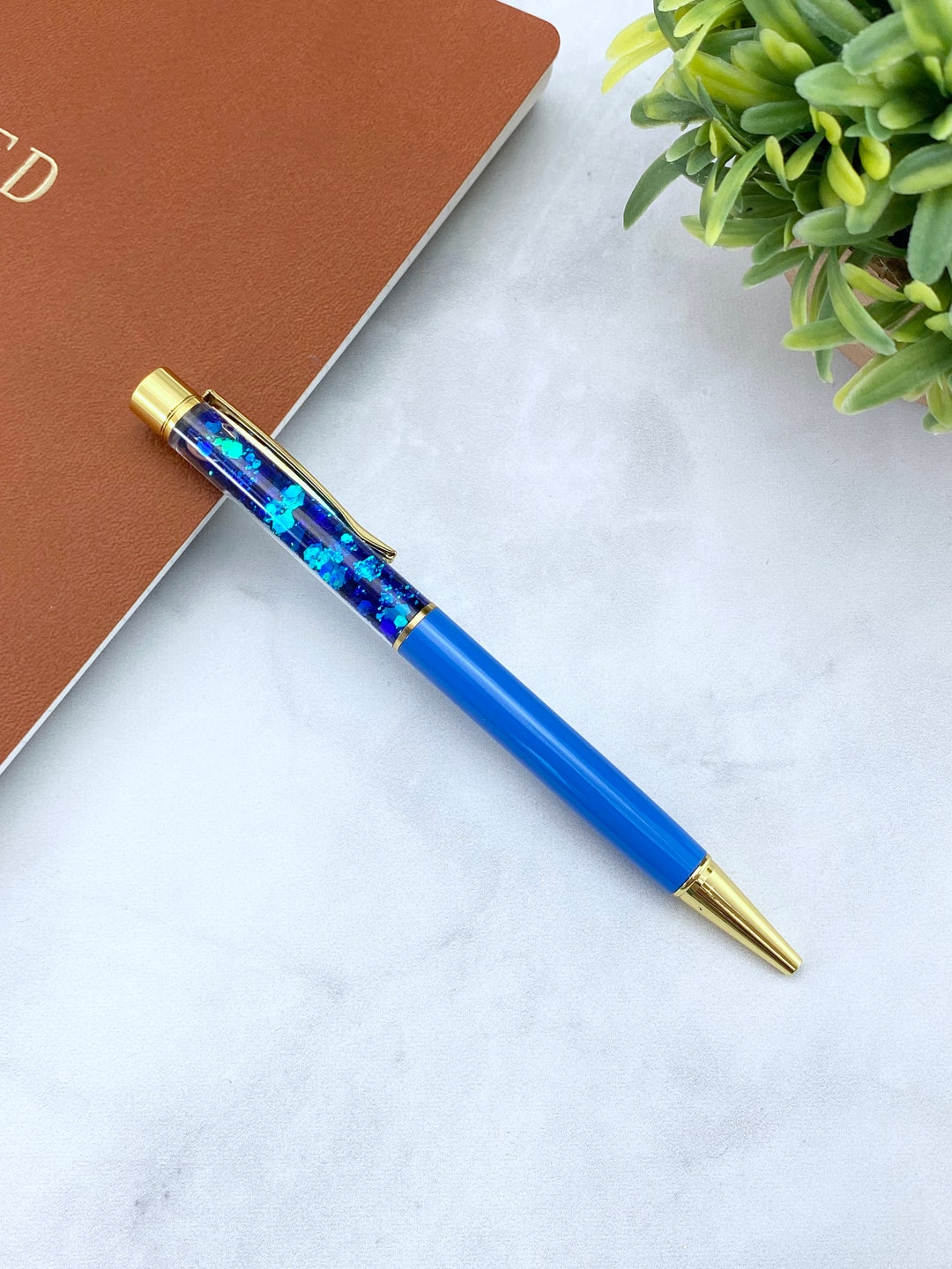 Electric Blue Pen With Floating Glitter and Gold Hardware - Etsy