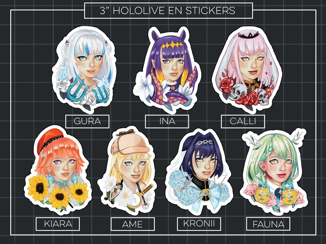 Hololive EN Myth Vtuber Glossy Stickers - Gura, Calli, Ina, Ame, Kiara ...