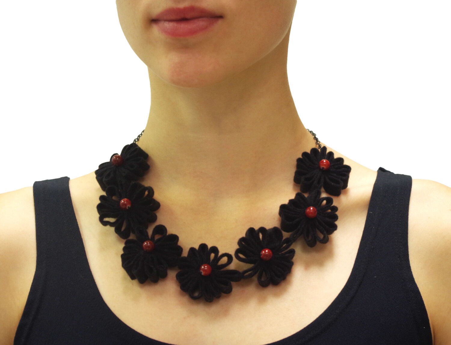 Red Flower Necklace, Burgundy Flower Necklace, Felt Flower Necklace ...