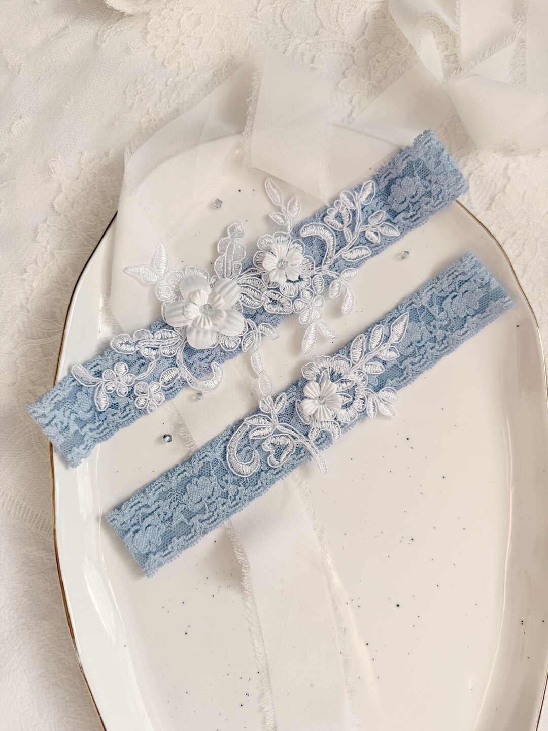 IRINA - Blue Wedding Garter With White Lace Flowers and Light Blue ...
