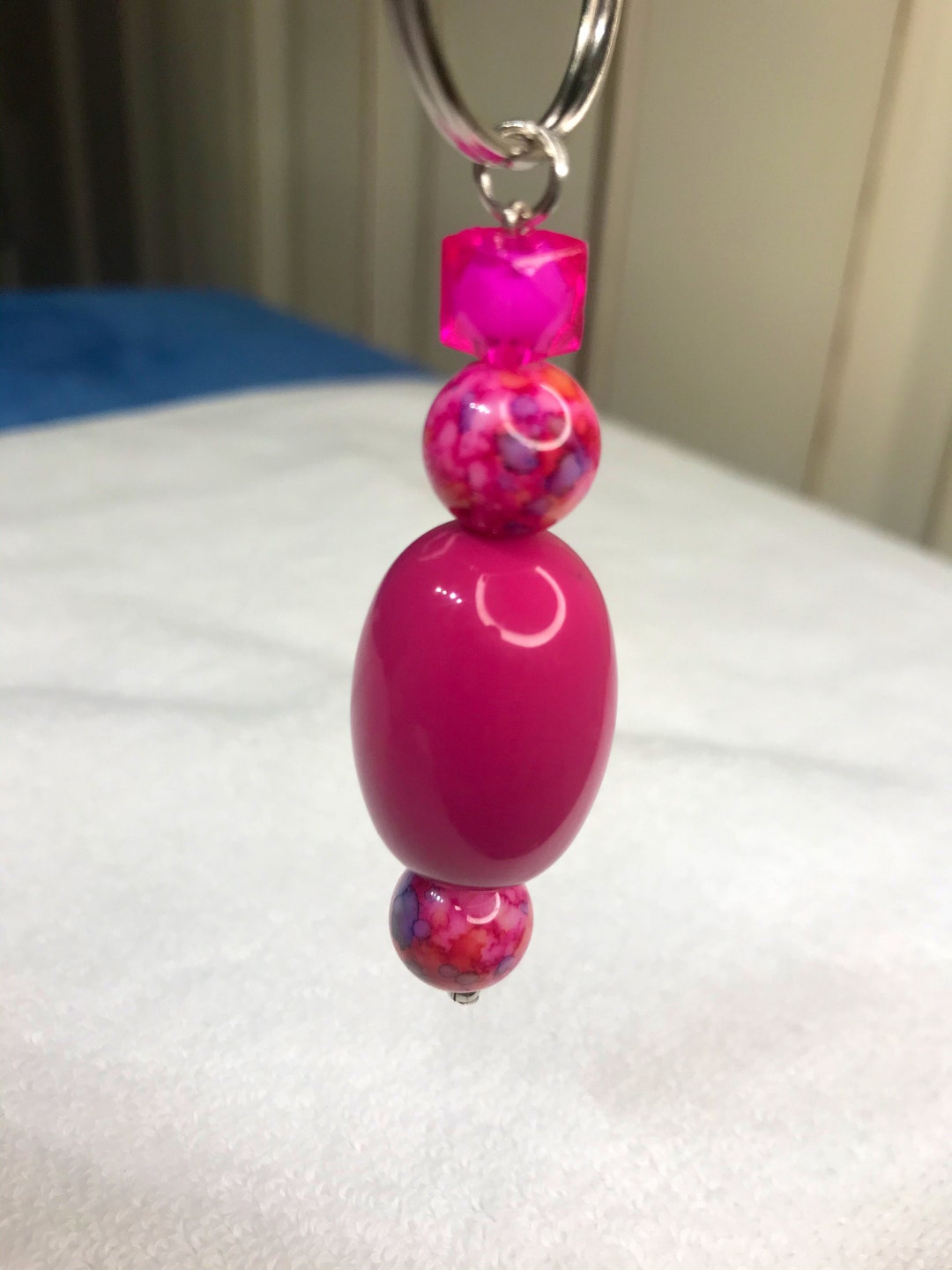 PINK Key Chain/charm. Large Pink Center Bead. 2 Smaller Marble Pink ...