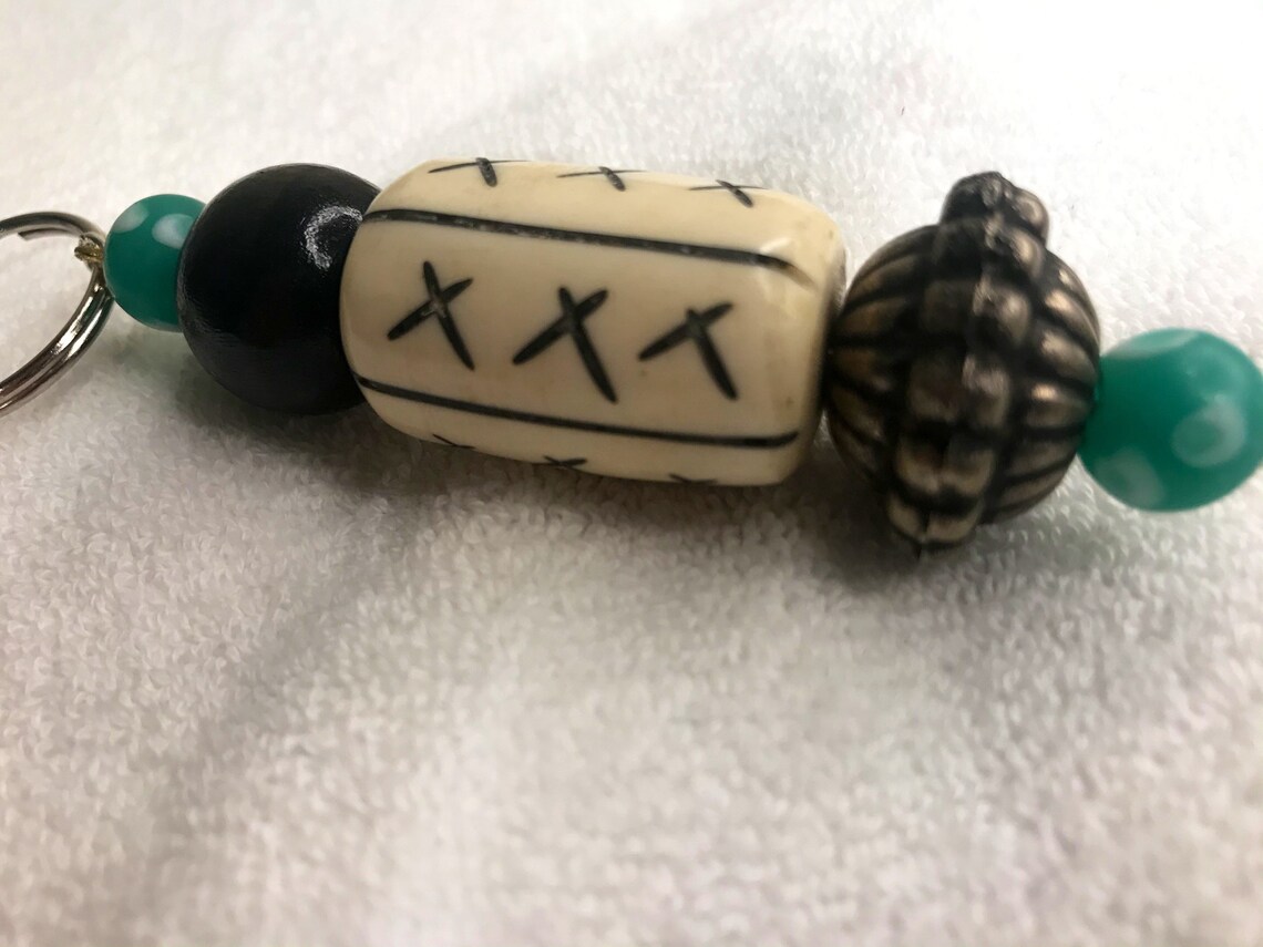 AQUA “X” Key Chain/charm. Large X Center Bead. 2 Smaller Dotted Aqua ...