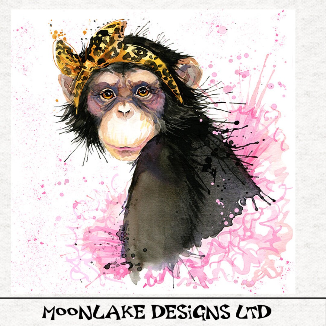 Chimpanzee With Hair Bow, Watercolour: Print |fabric Craft Panels 100% ...