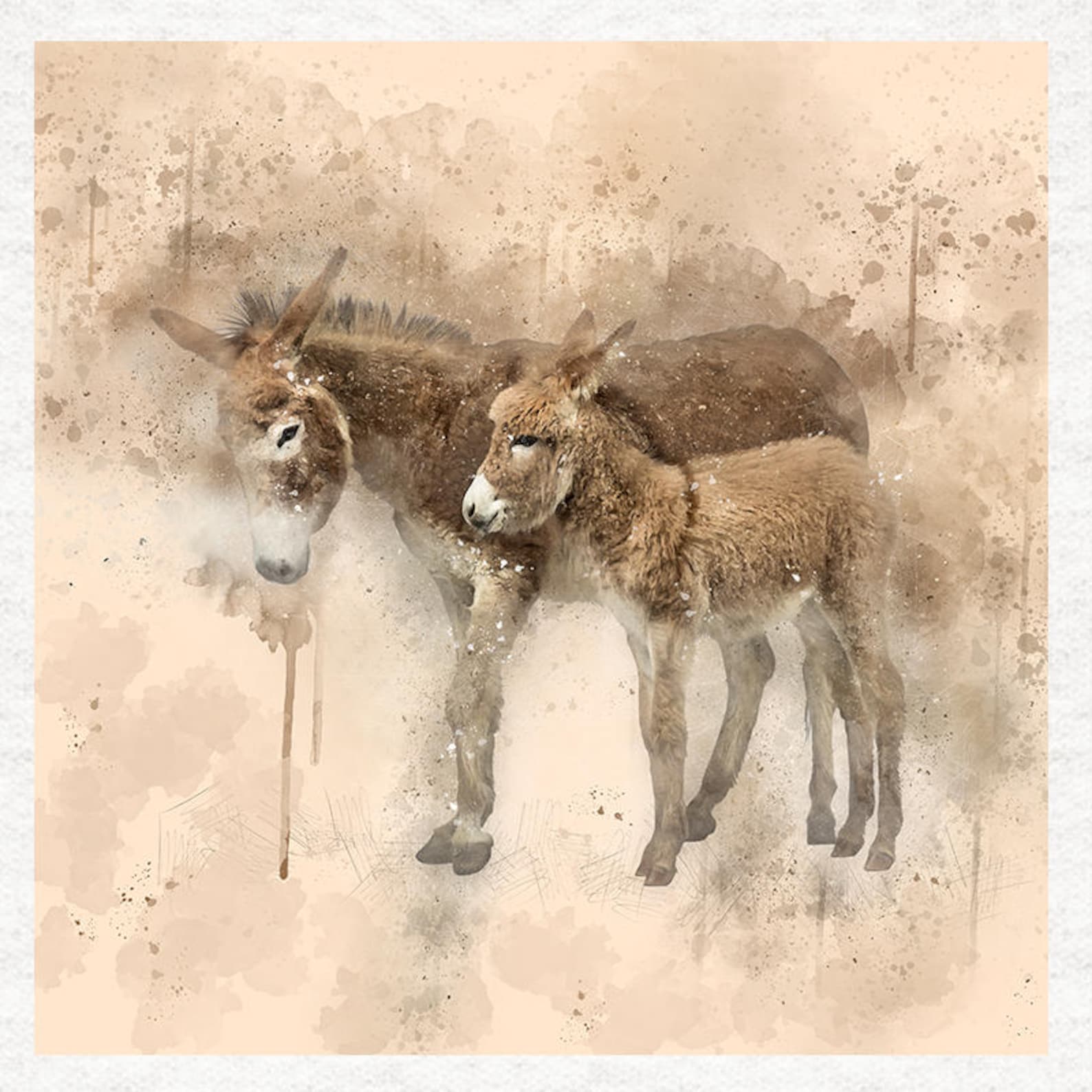 Donkey and foal watercolour Donkey .Fabric Craft Panels 100% | Etsy