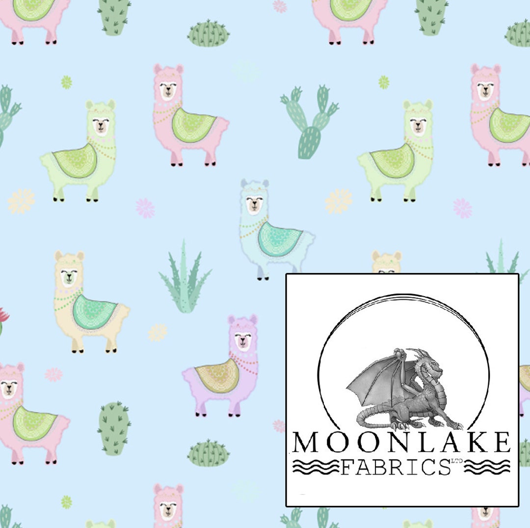 Llama Alpaca Light Blue Background Repeat Fabric 100% Cotton 130gsm ...