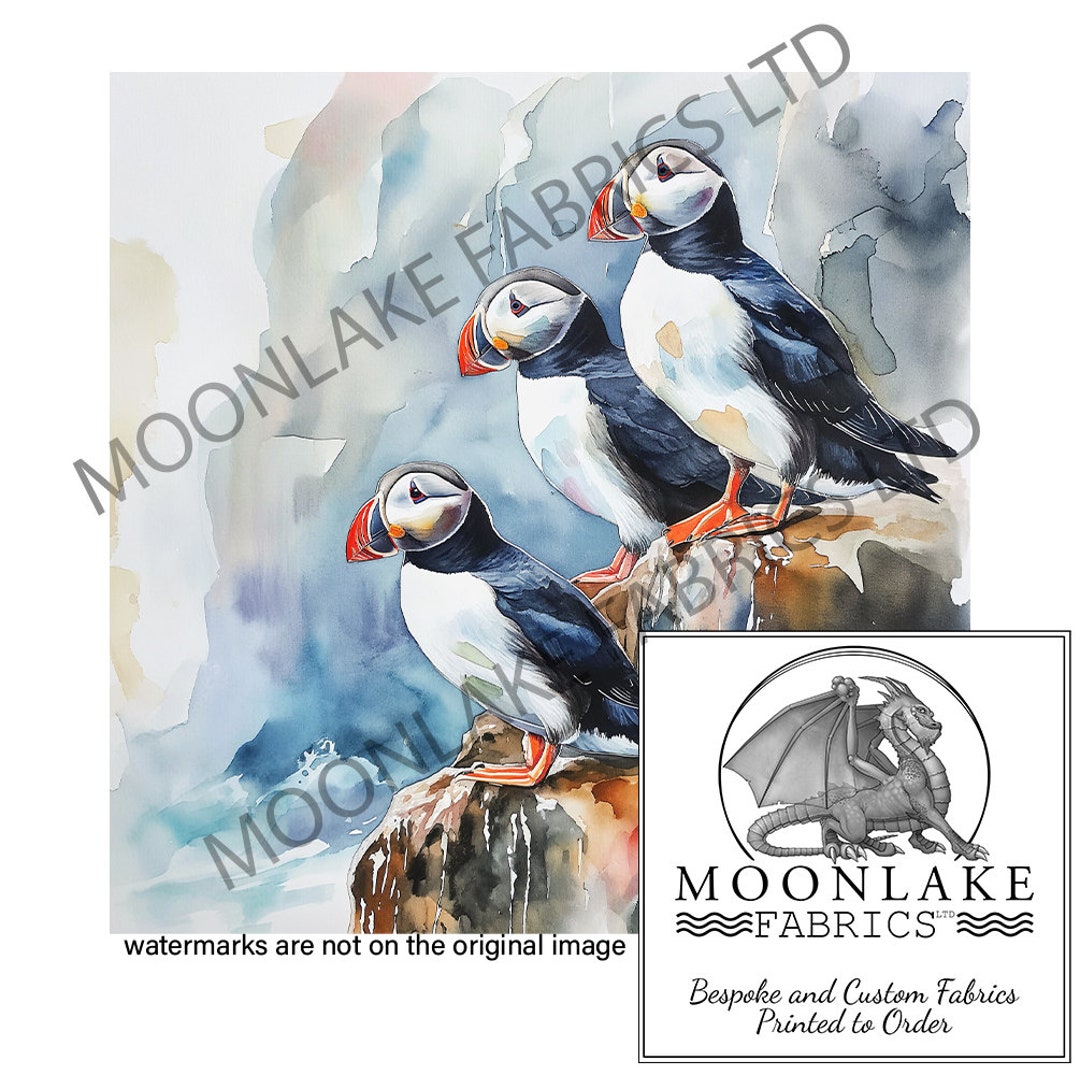 Puffins on a Rock Overlooking the Sea Fabric Craft Panels 100% Cotton ...