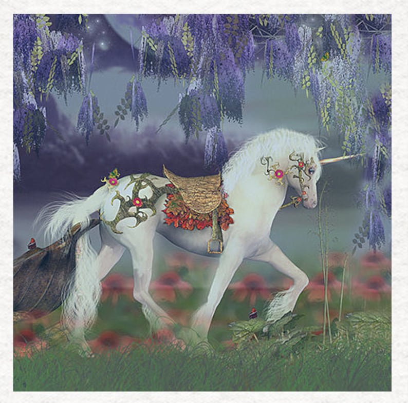 Unicorn Unique Fantasy Unicorn Wisteria .. Fabric Panel | Etsy