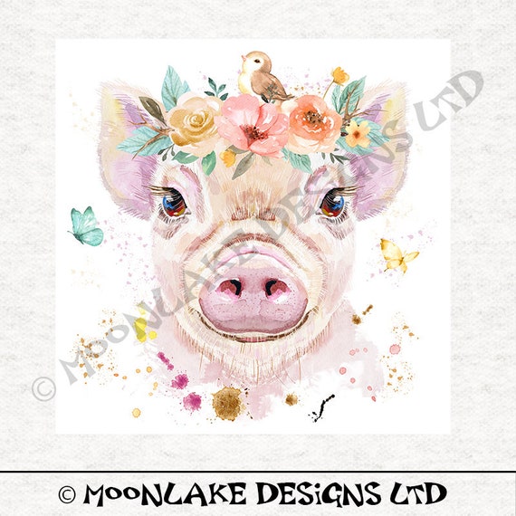 Pig Cute Watercolor Splatter With Floral Headdress Fabric | Etsy