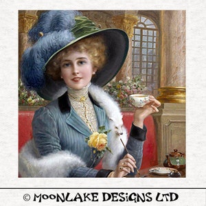 Vintage Image of an Elegant Lady Drinking Tea, Printed on New Fabric ...