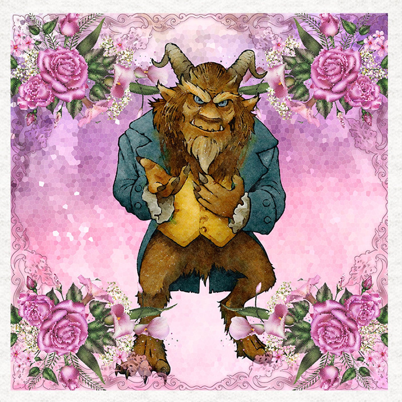 Beauty & the Beast, the Beast, With Pretty Floral Mosaic Background and ...