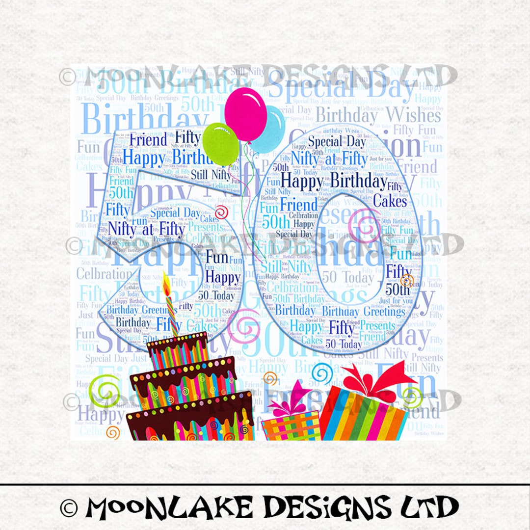 50th Birthday Word Art, Fabric Craft Panels in 100% Cotton or Polyester ...