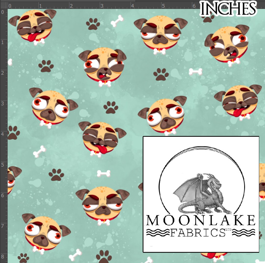 Pug Dog, Puggles of Fun Repeat Pattern 100% Quality Cotton Poplin ...