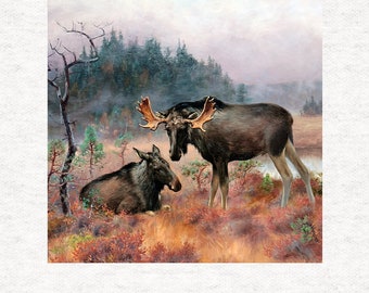 Deer & Moose Sipping Drink by Fireplace Fabric Panel - Etsy