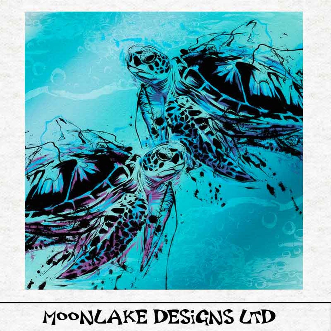 Turtles, Two Sea Turtles in Blue Tones, Watercolour and Vector |fabric ...