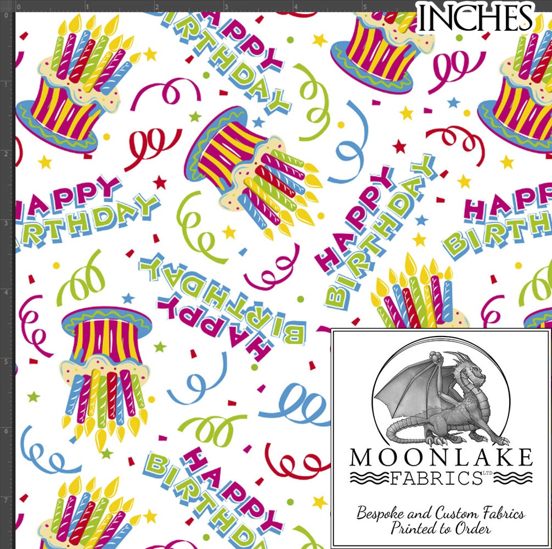 Happy Birthday Cake and Words 100% Cotton 130gsm Sewing Fabric - Size ...