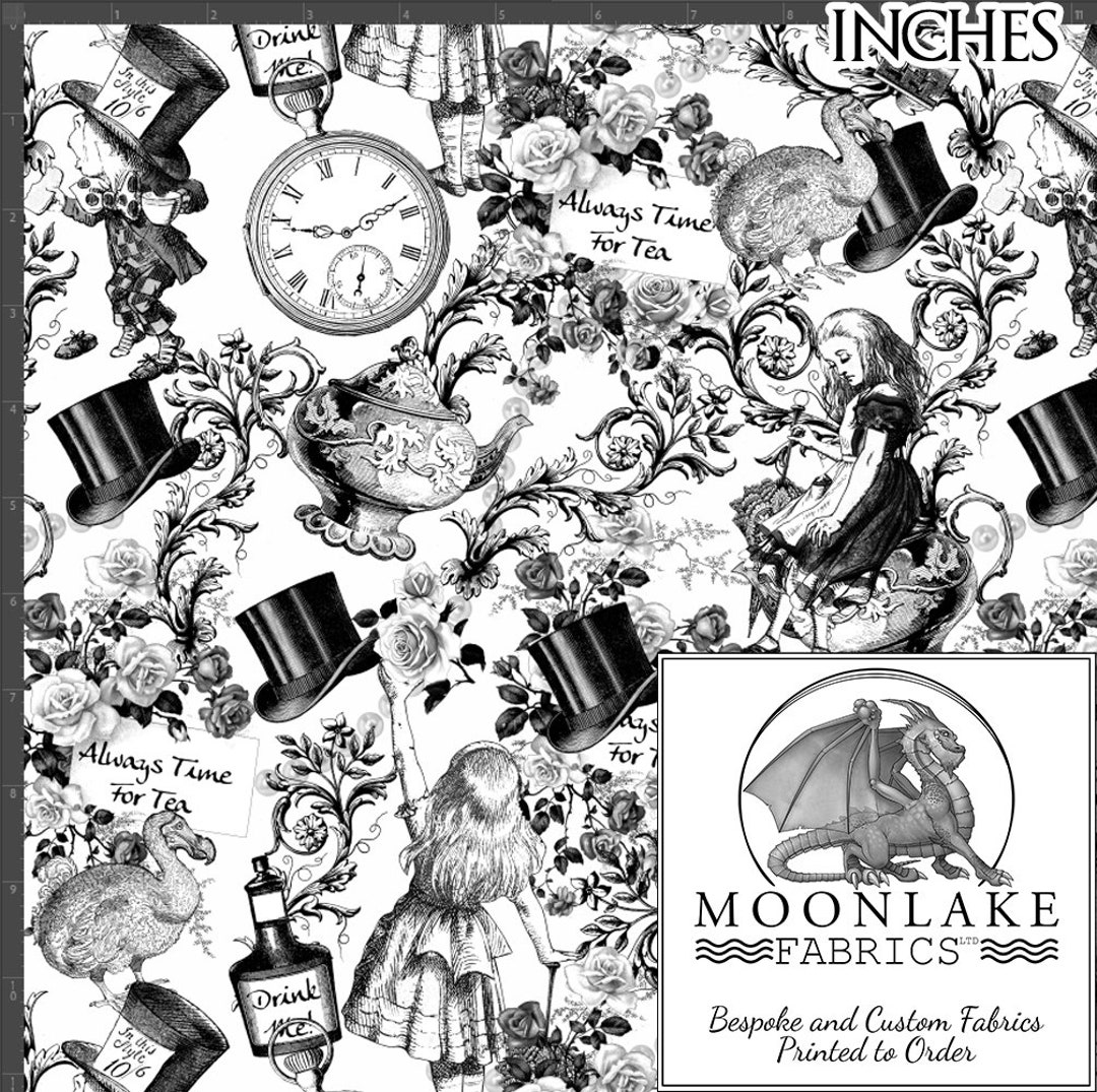 Alice and Hatter Tea Time Black and White Repeat Pattern 100% Cotton ...
