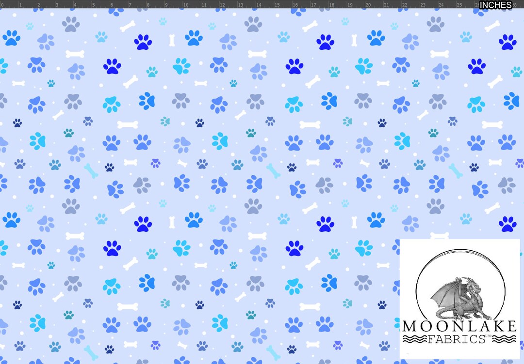 Dog Paw Prints With Bones in Blended Blues 100% Cotton 130gsm Size: 111 ...