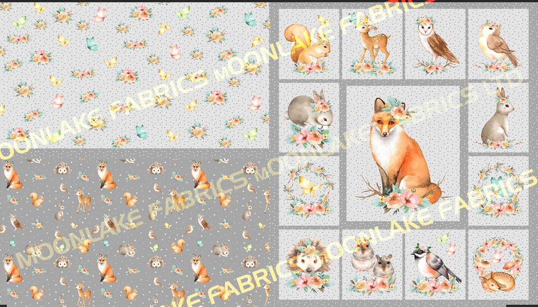 Forest Animals Fabric Panel Fox Rabbit Birds Deer 100% Cotton 130gsm ...