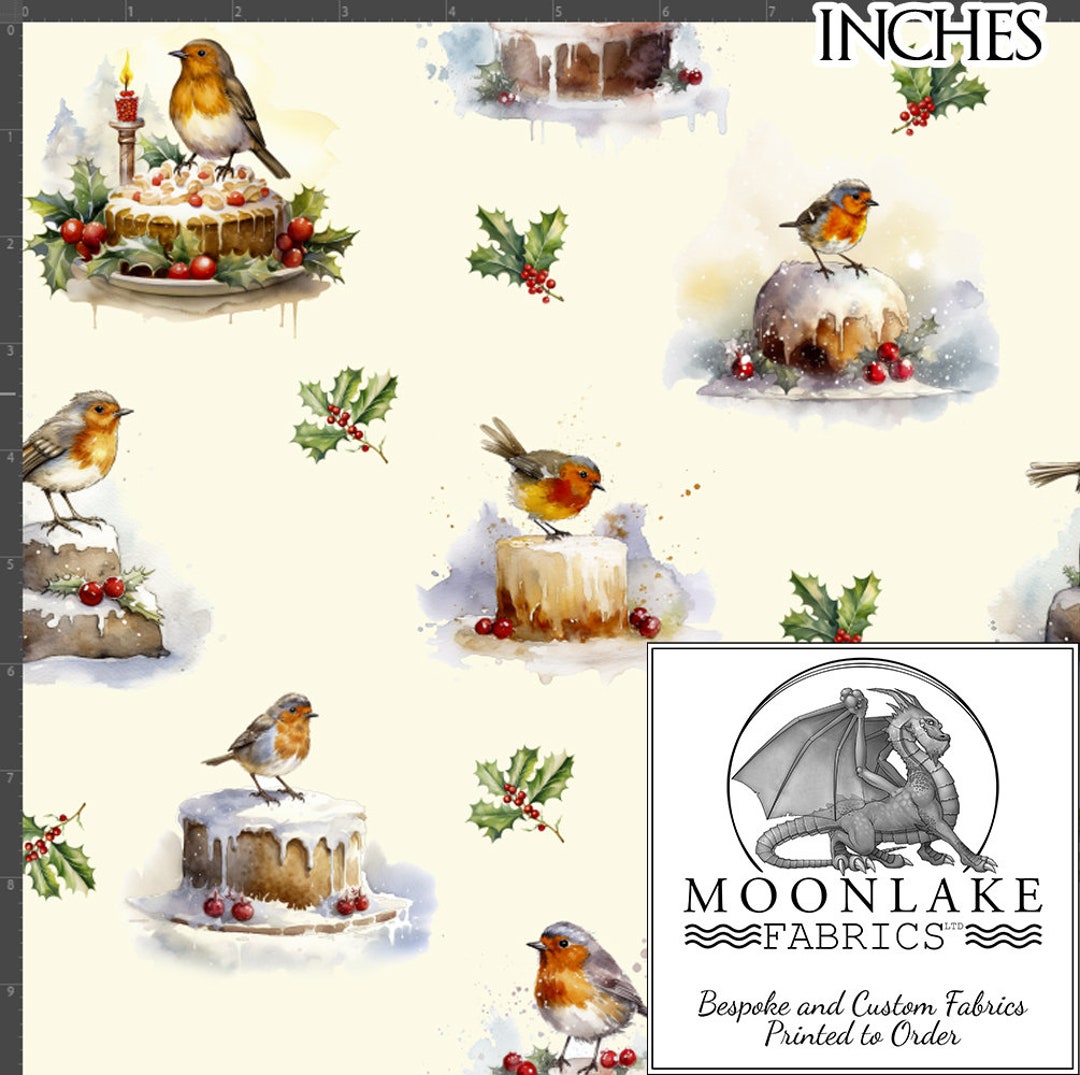 Christmas Robins on Cakes and Puddings , Fabric 100% Natural Cotton 130 ...