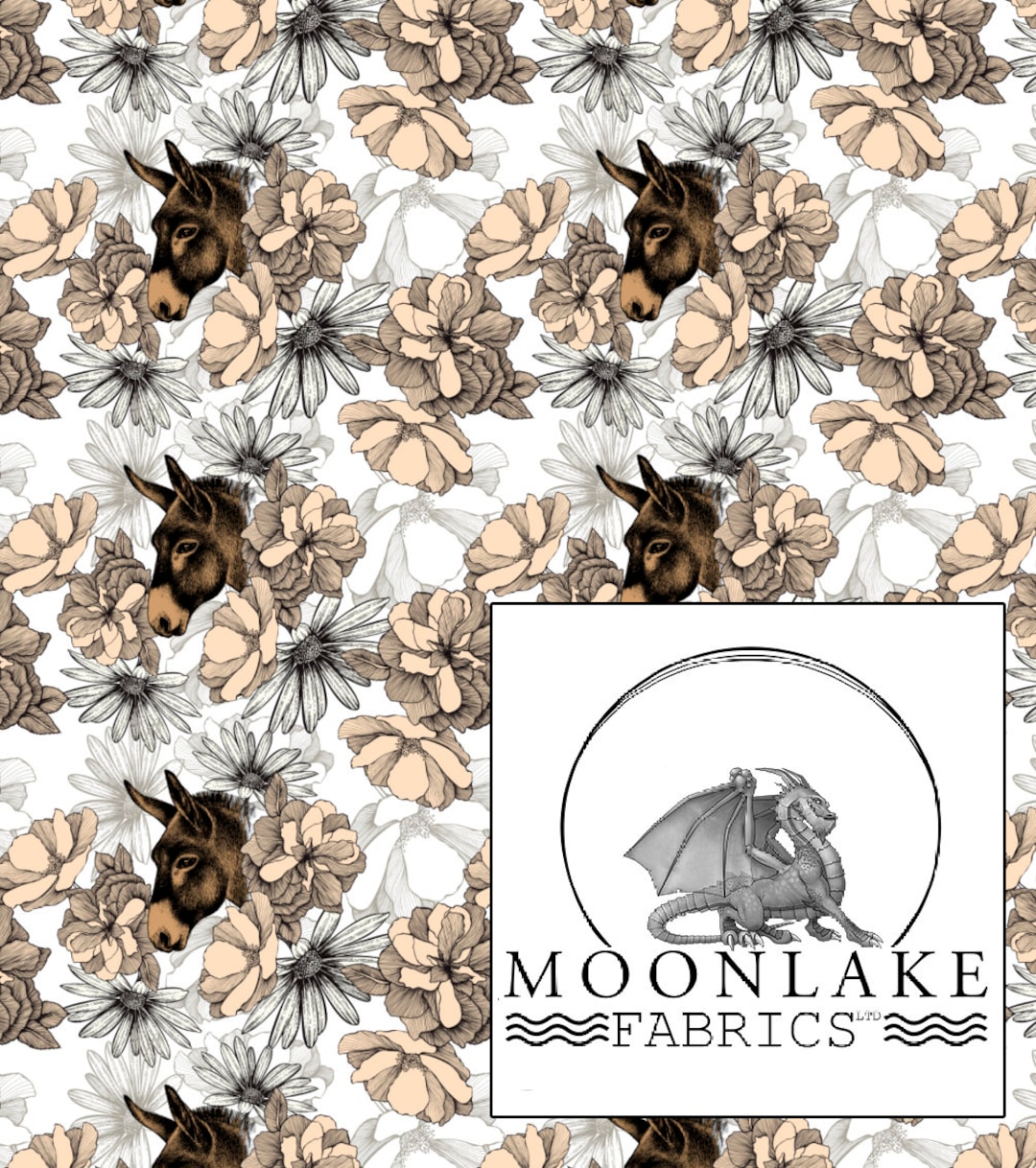 Donkey Repeat Fabric With Blending Flowers Background, Fabric 100% ...
