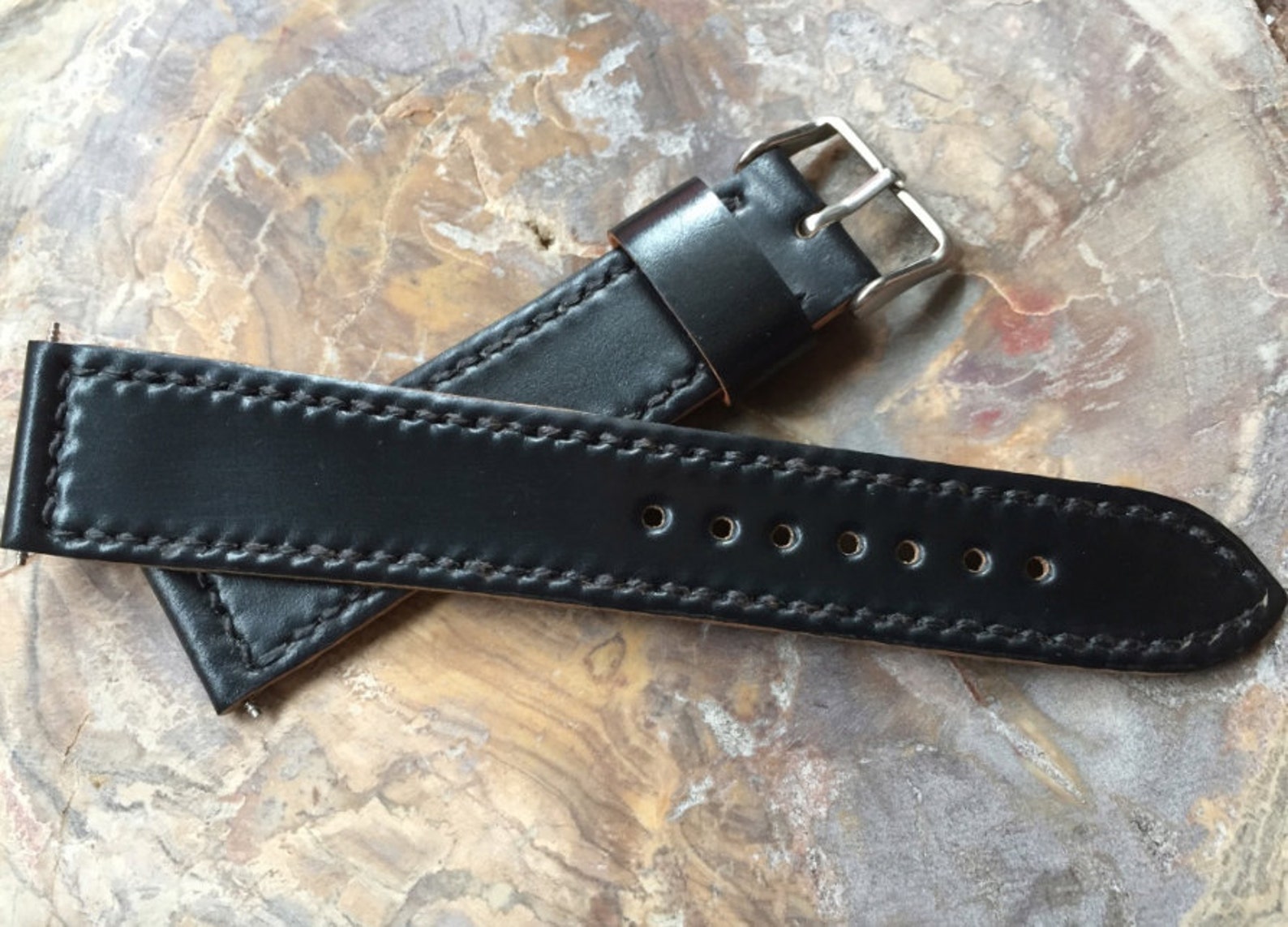 Horween Shell Cordovan Watch Strap in Black With Box Stitching - Etsy