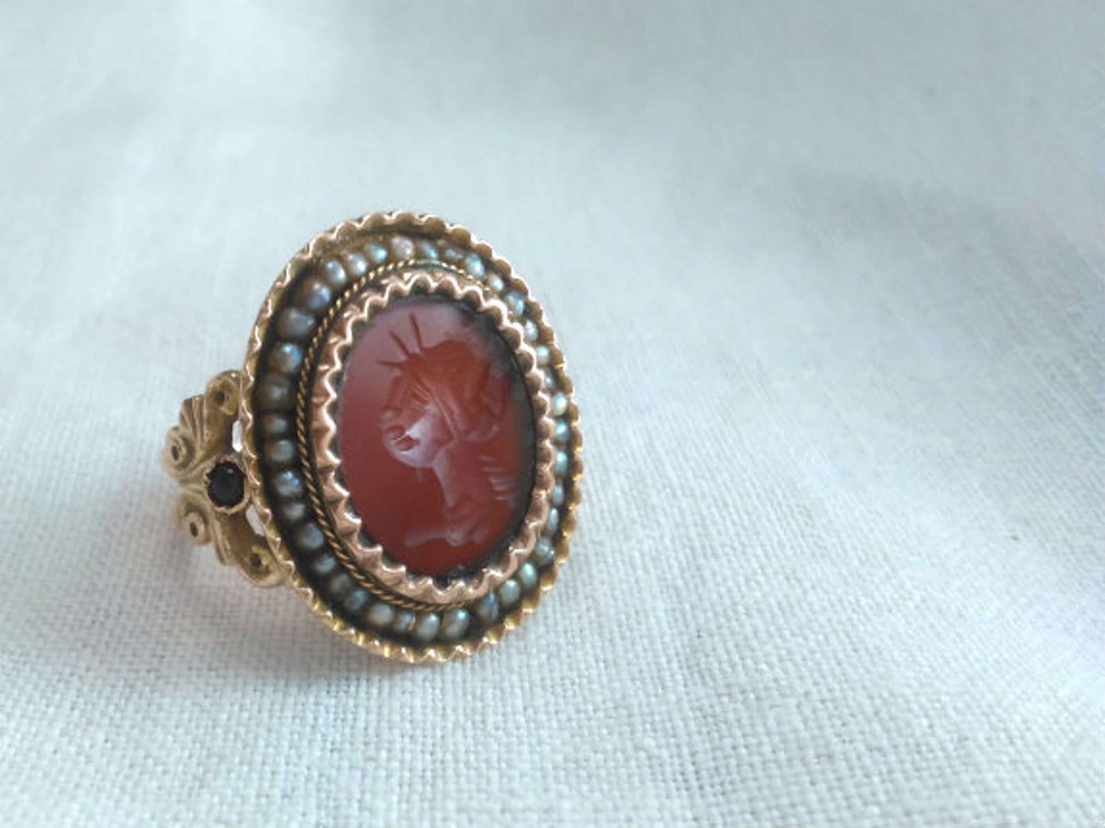 9 Kt Gold Ring of the Bourbon Period, Carnelian Seal With 37 Pearls and ...