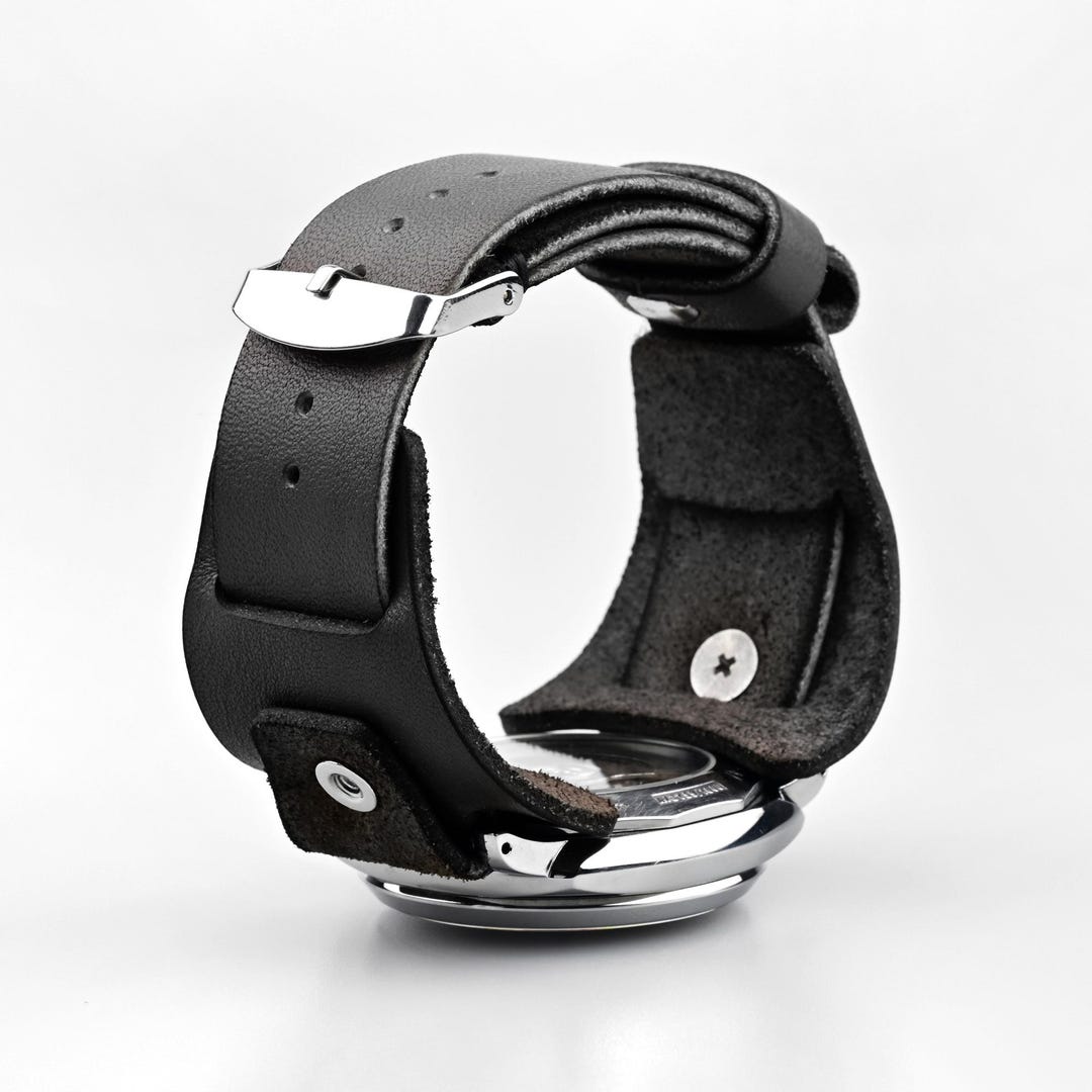 Wide Cuff Watch Strap in Black Leather Aviator Buckle System and Split ...