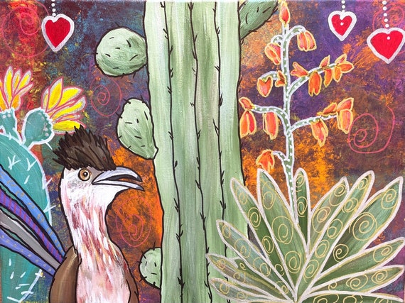 Roadrunner Cactus and Desert Painting Acrylic Art. - Etsy