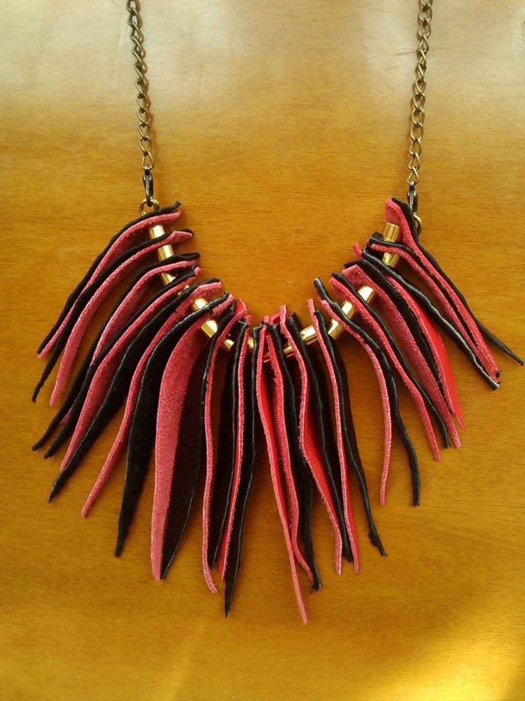 Red Black Leather Fringe Necklace, Hippie Red Black Fringe Necklace ...