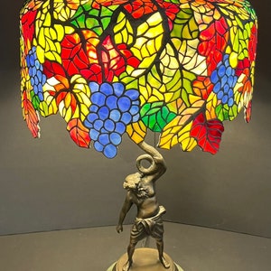 18" Grapevine Tree Stained Glass Lamp, Bacchus Sculpture Base, Bronze ...