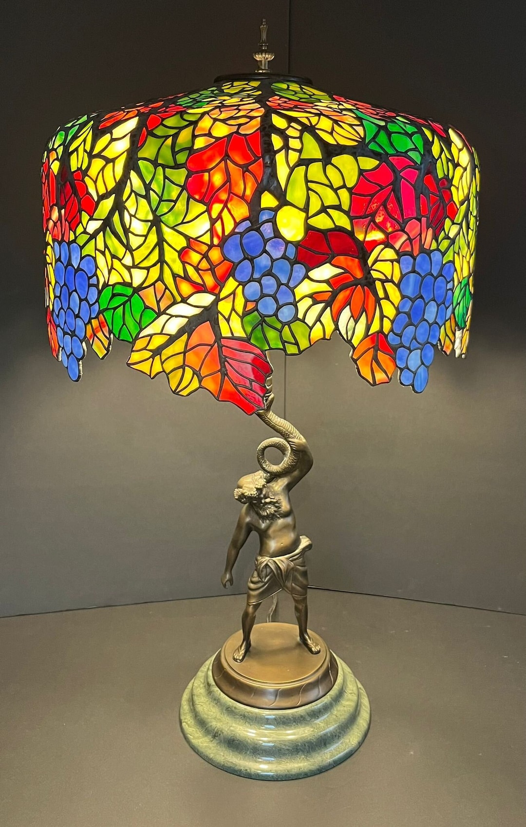 18" Grapevine Tree Stained Glass Lamp, Bacchus Sculpture Base, Bronze ...
