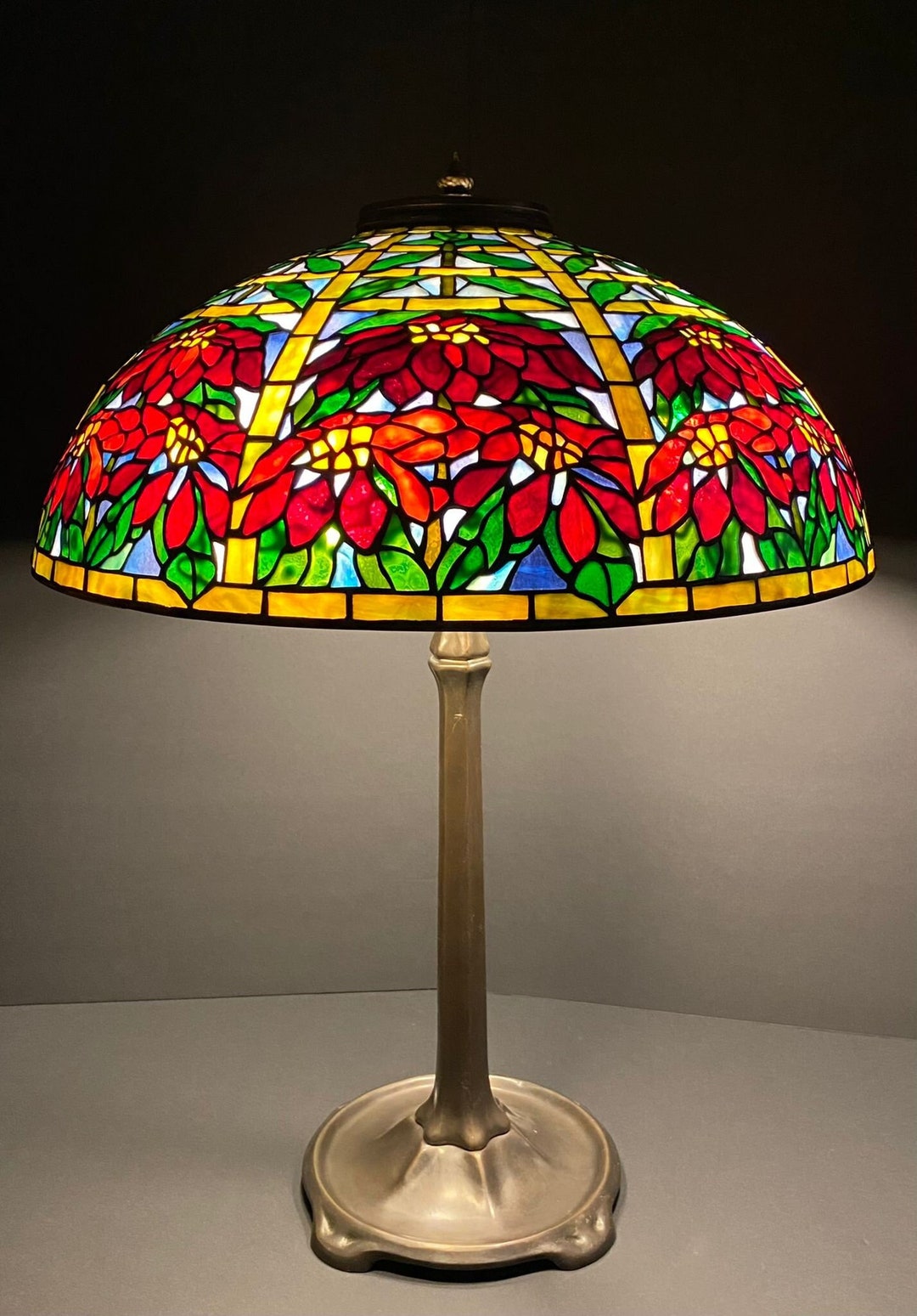 22" Double Poinsettia Tiffany Lamp, Stained Glass Shade, Desk Lamp ...