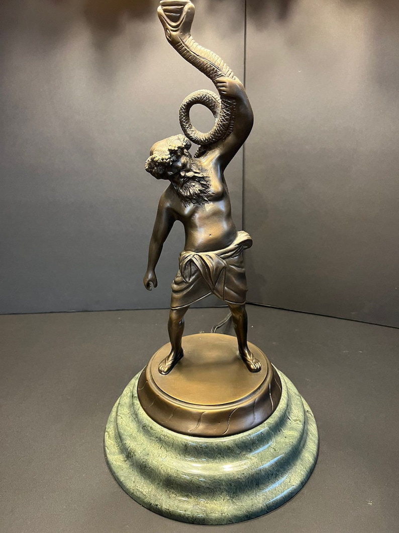 18" Grapevine Tree Stained Glass Lamp, Bacchus Sculpture Base, Bronze ...